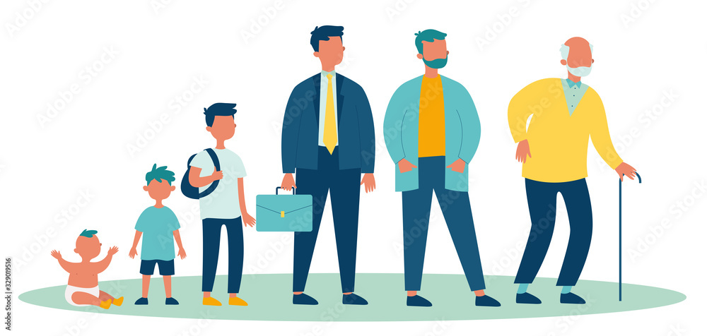 Male cartoon characters of different generation. Man in ages of baby ...