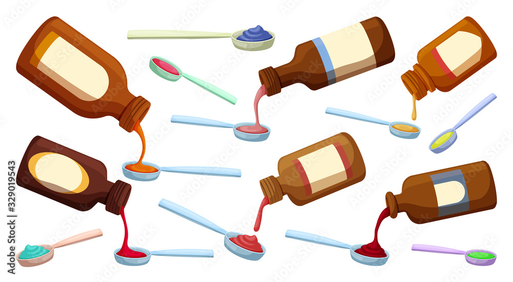 Vecteur Stock Bottle of syrup isolated vector cartoon set icon. Vector ...
