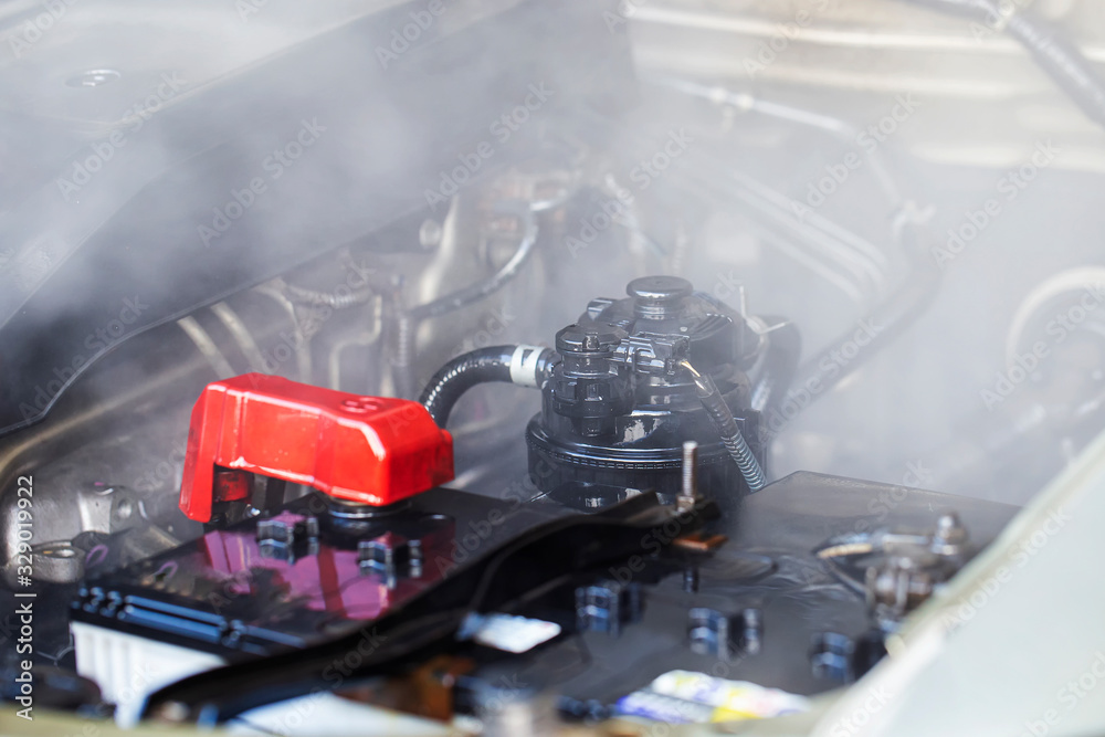 Car engine over heat. Overheated car machine Broken down with smoking ...