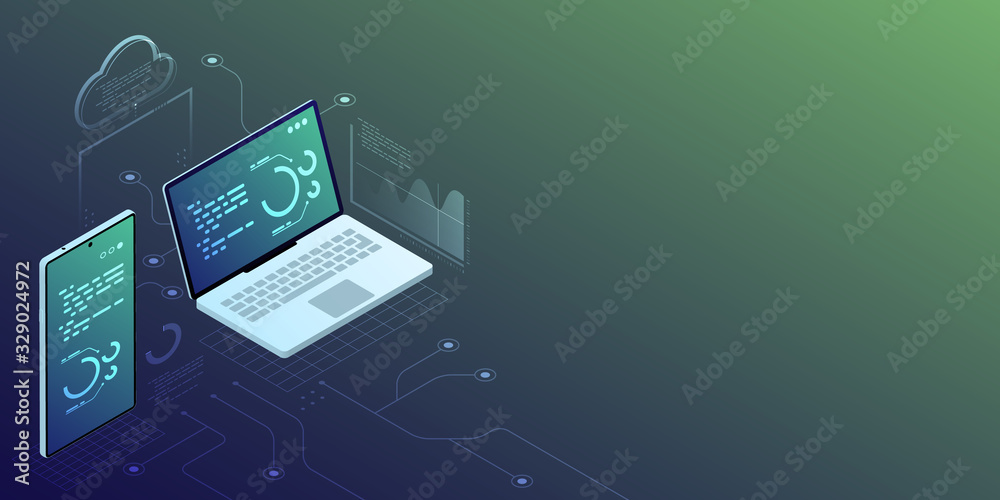Cloud computing device sync digital data analytics technology isometric illustration copy space ...