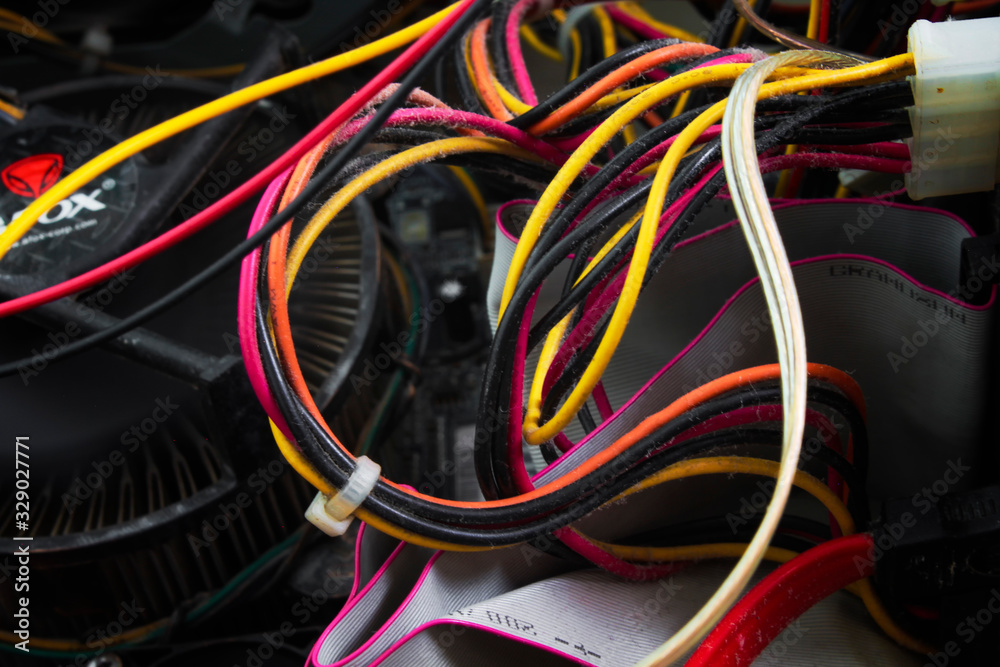 Wires in the system unit of the computer. Old computer. System unit ...