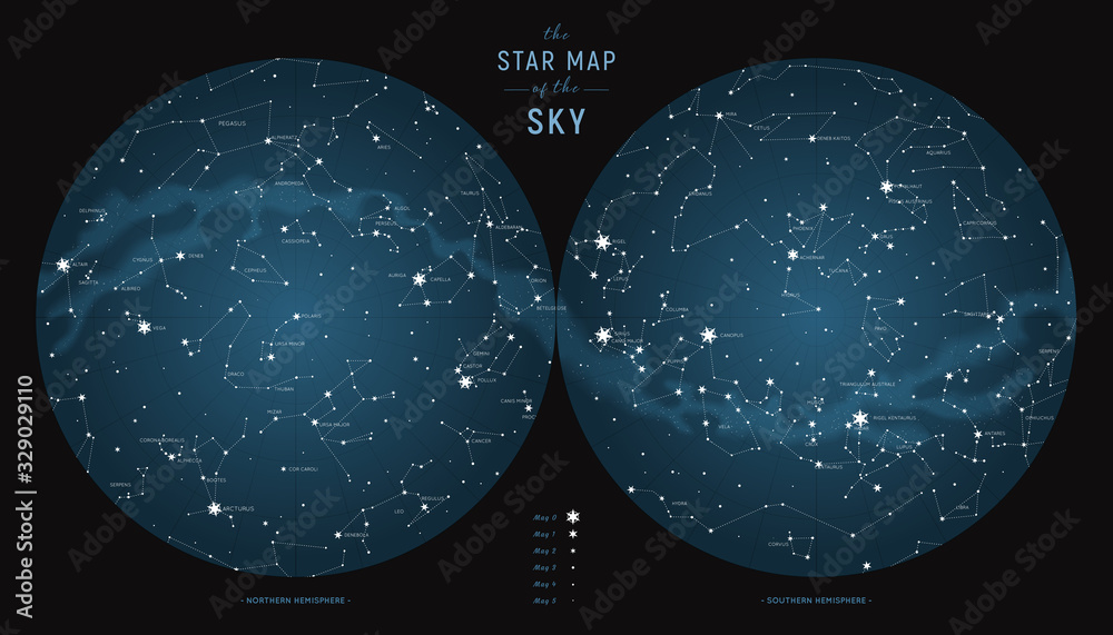 Star constellations around the poles. Nothern and Southern high ...