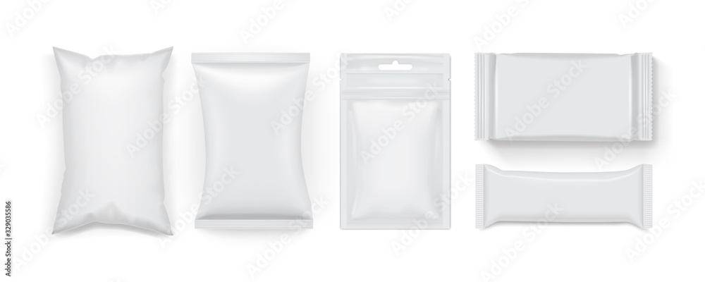 collection of different white food packaging isolated on white ...