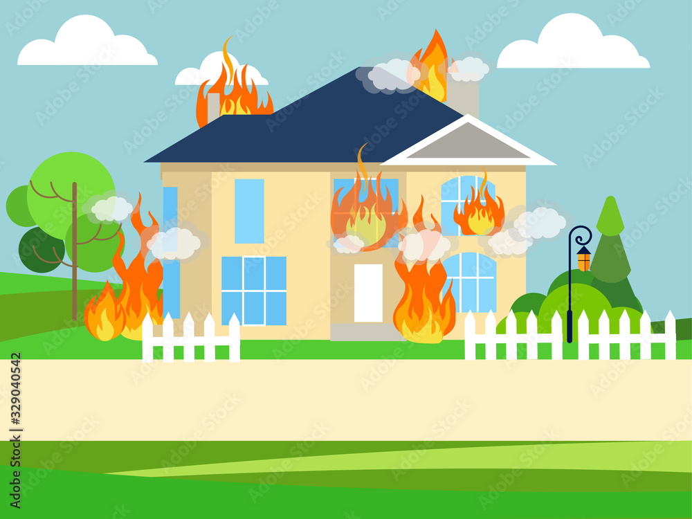 Fire, burning mansion, house. In minimalist style. Cartoon flat raster ...