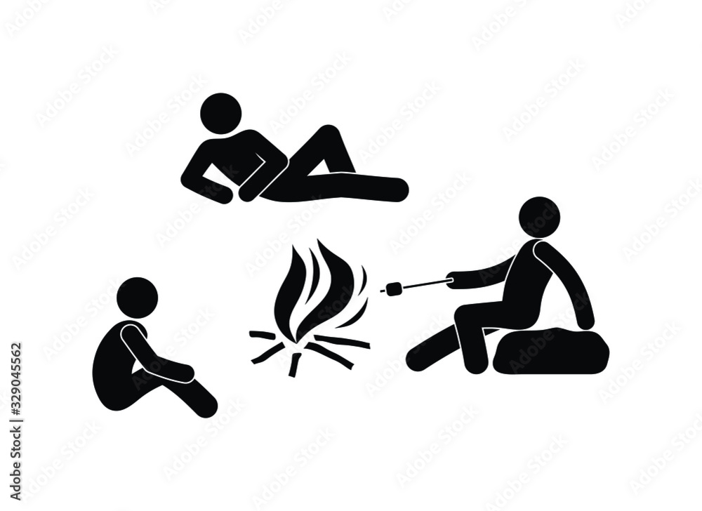 people are sitting by the fire, outdoor recreation illustration, stick ...
