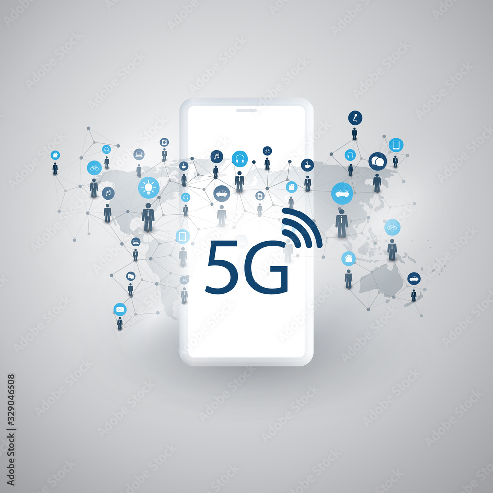 5G Network Label with Icons Representing Various Kind of Devices and ...