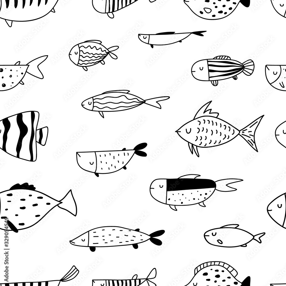 Vector seamless repeating black and white hand-drawn linear ink doodle ...