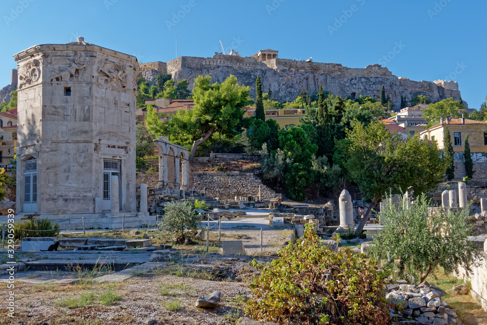 Athens Greece, the wind tower "aerides" in the Roman forum under ...