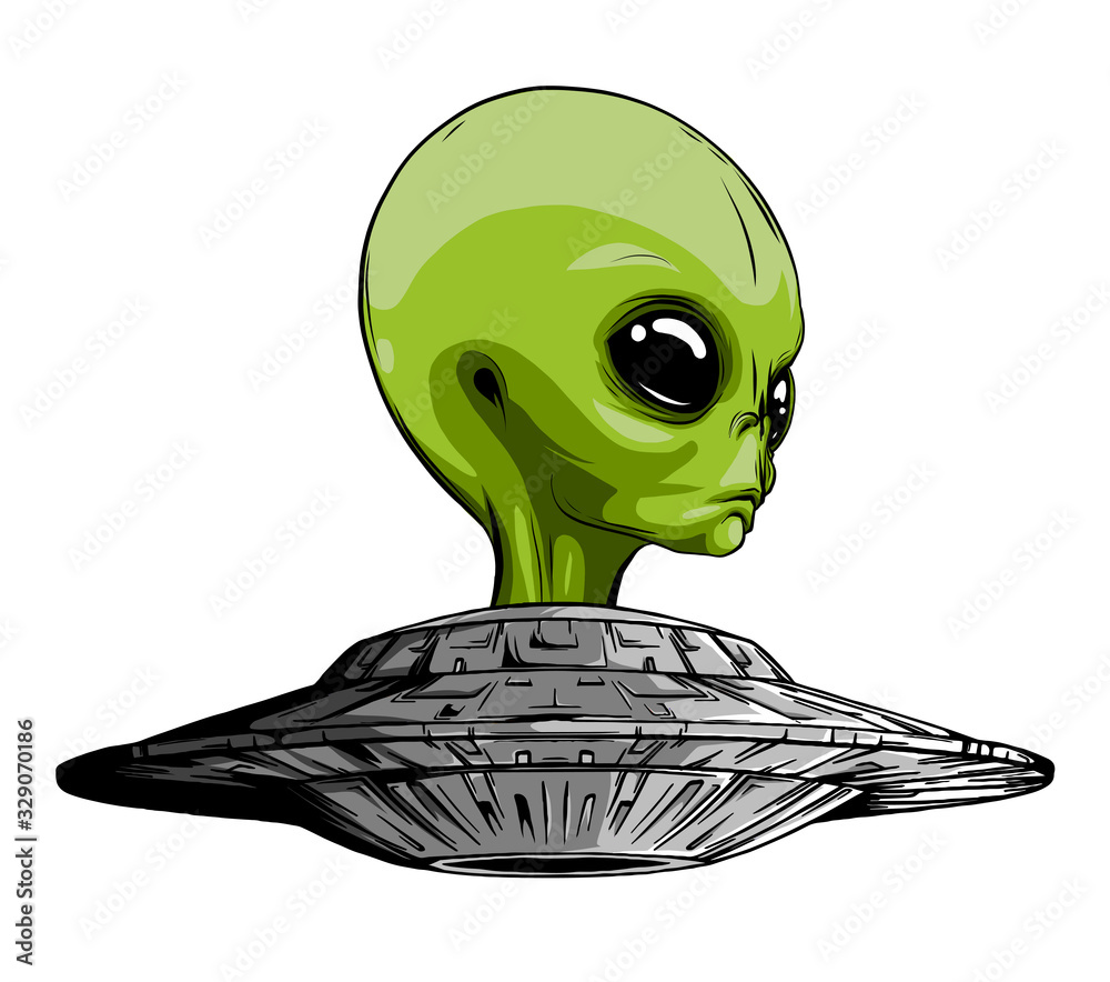 alien is sitting in a flying saucer.Hand drawn style.Space scientific ...