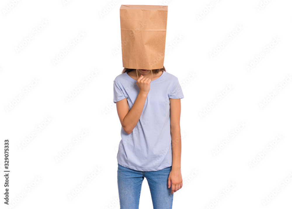 Portrait of teen girl with paper bag over head. Teenager cover head ...