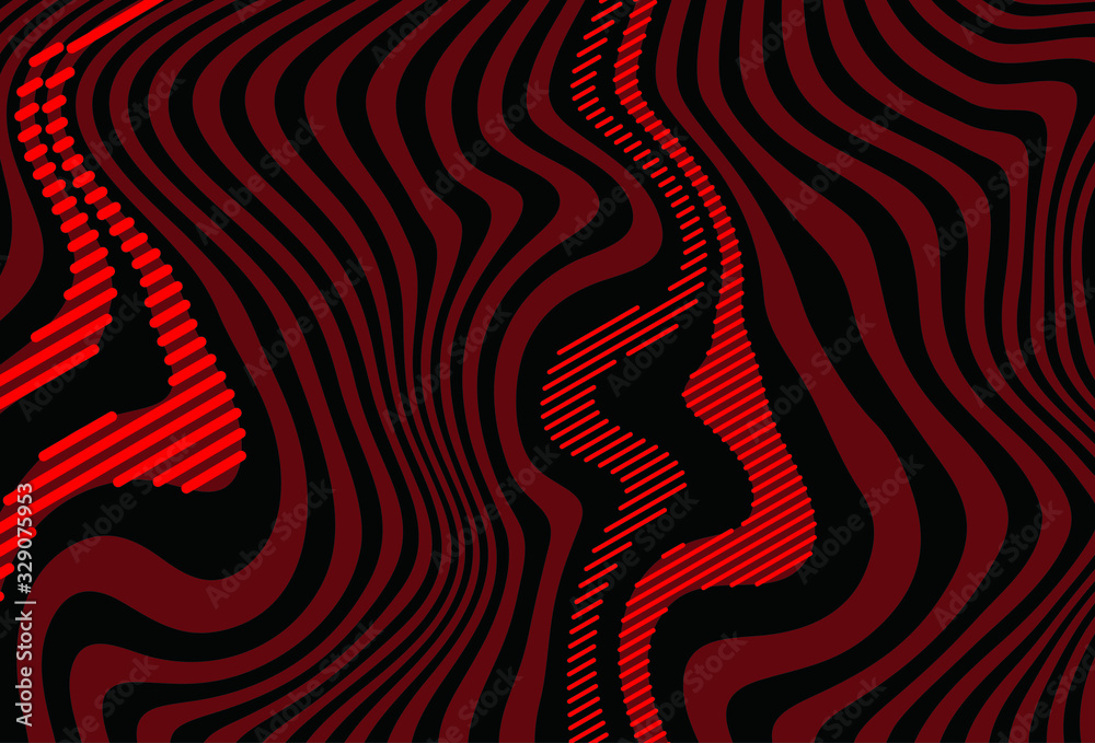 Modern background from red wavy lines on a black background. For covers ...