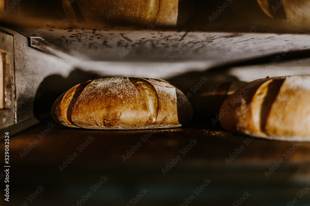 Fresh buns from the oven. Conveyor with bread. Baking bread. Workshop for production of bread ...