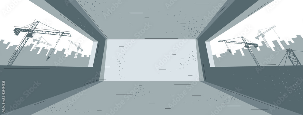 Construction vector illustration, unfinished building interior in ...