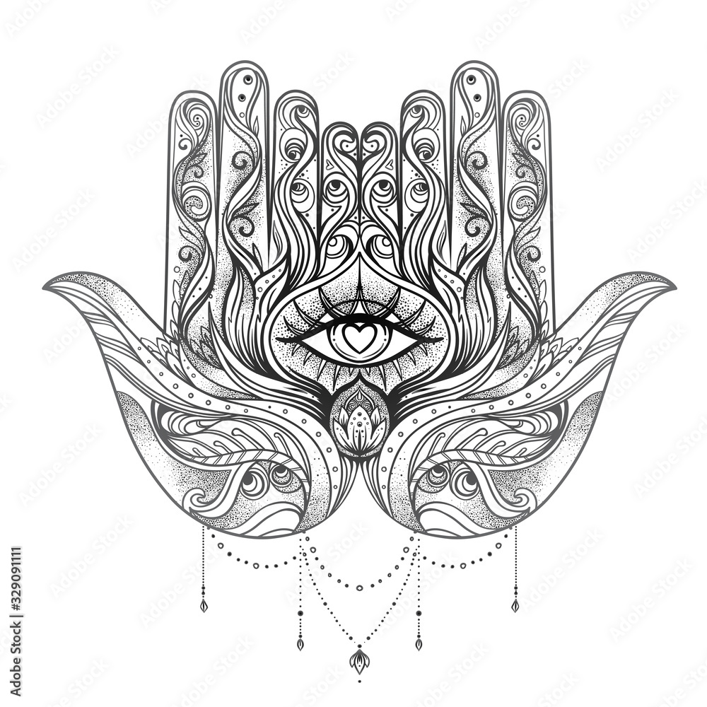 Ornate hand drawn hamsa. Popular Arabic and Jewish amulet. Vector ...