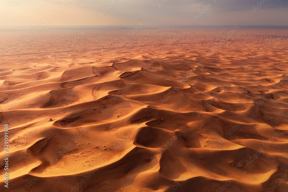Aerial view of red Desert Safari with sand dune in Dubai City, United ...