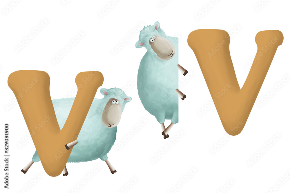 Cute little sheep with letter "V" on white background. Learn alphabet ...