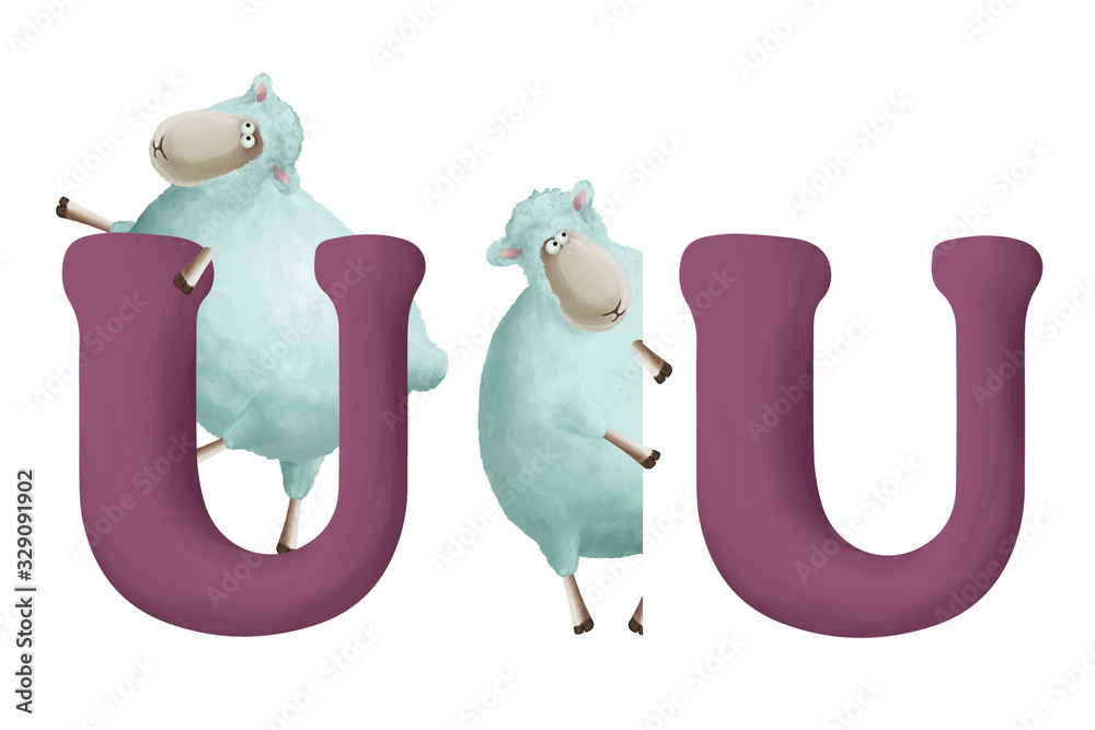 Cute little sheep with letter "U" on white background. Learn alphabet ...