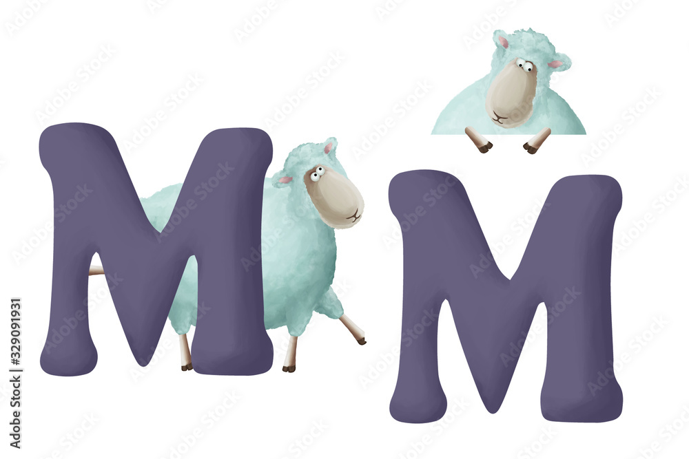 Cute little sheep with letter "M" on white background. Learn alphabet ...