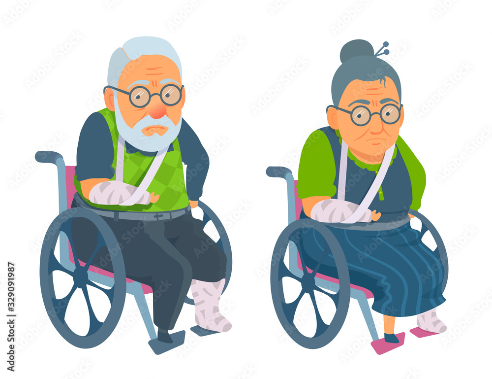 Sad senior adult people with an orthopedic cast on a bone fracture ...