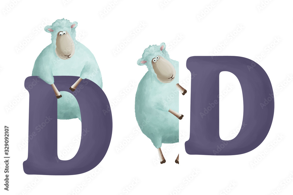 Cute little sheep with letter "D" on white background. Learn alphabet ...
