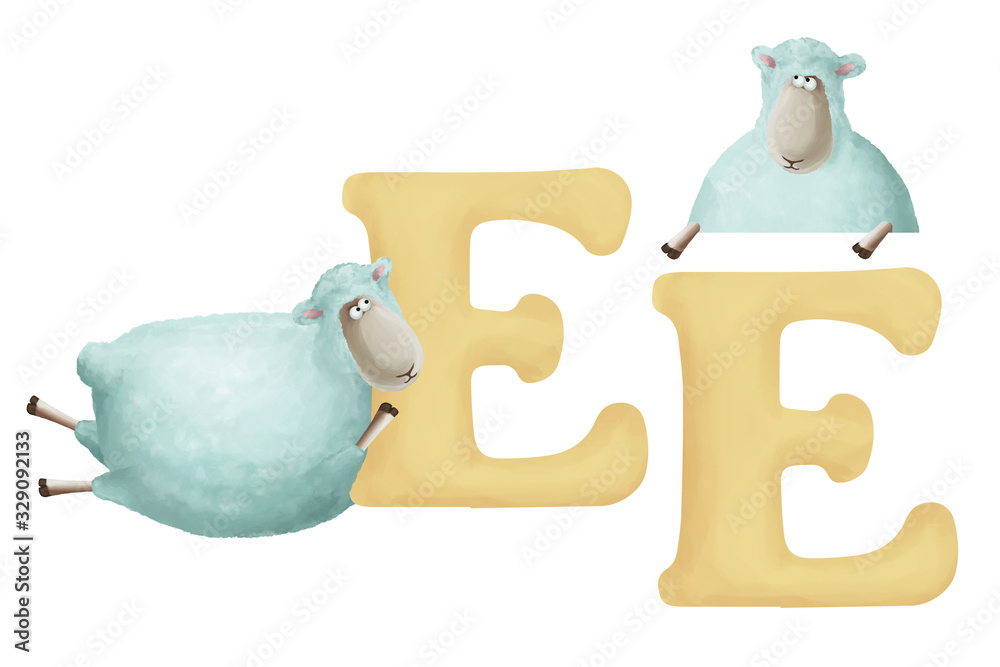Cute little sheep with letter "E" on white background. Learn alphabet ...