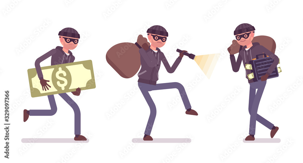 Thief, a masked man stealing money. Burglar committing robbery, outlaw ...