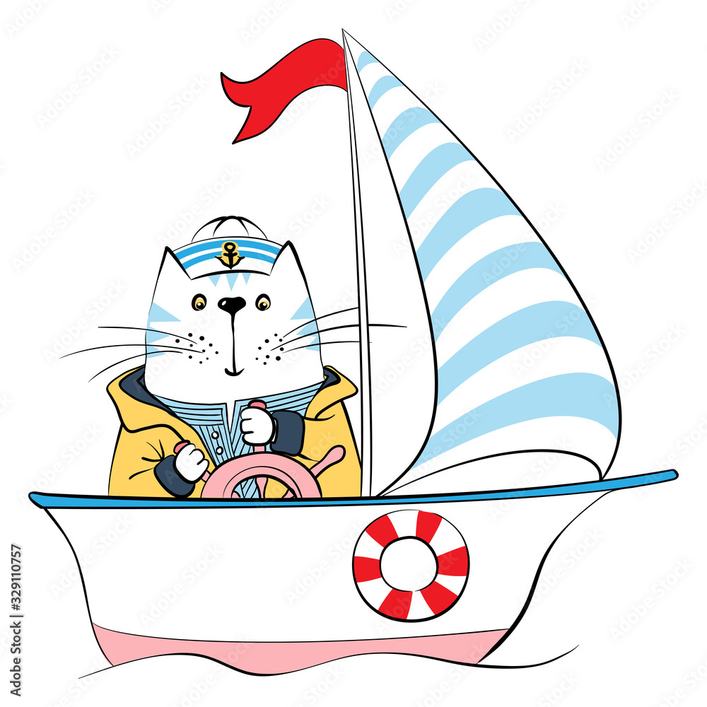 Cute cat captain in sailor suit at the helm of the ship, cartoon hand ...