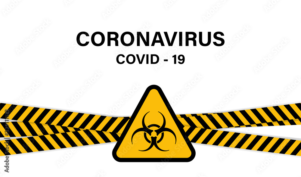 Coronavirus with yellow tapes or ribbons with biohazard sign. Danger ...