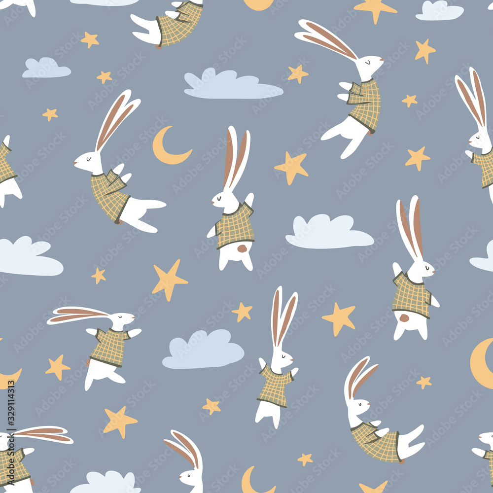 Cute rabbits sleeping hand-drawn vector seamless pattern. Cartoon kids ...