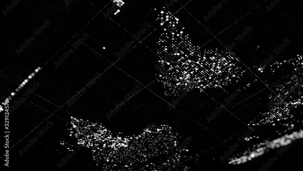 Global technology world map formed by blinking small particles on black ...