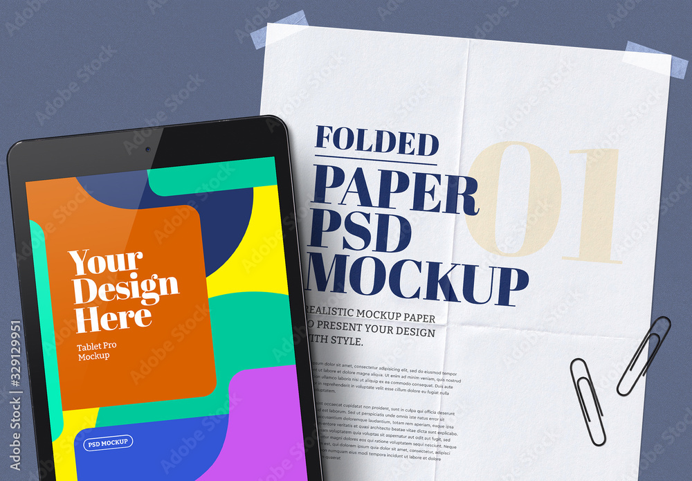 Mini Tablet and Unfolded Paper with Taped Corners Mockup Stock Template ...