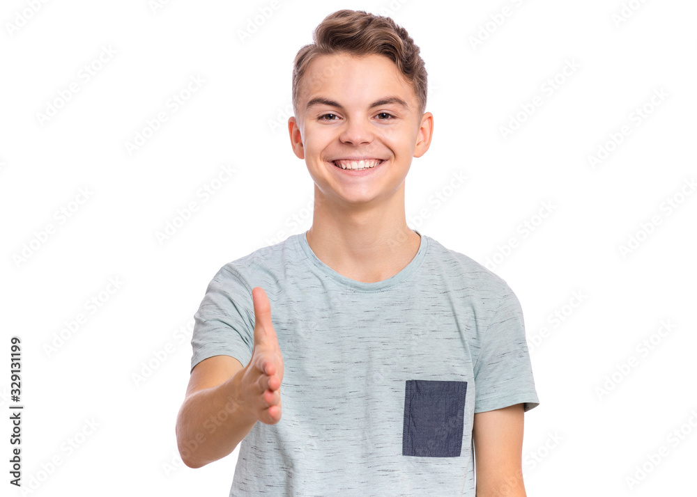 Happy smiling teen boy giving hand for handshake, isolated on white ...