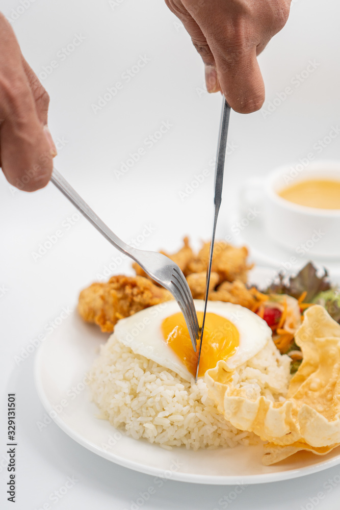 Buttermilk chicken rice with ingredients isolated on white with fried ...