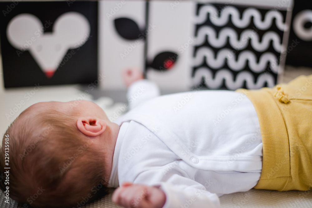 Baby watching Infant Vision Development contrast cards on a playmat, 1 ...