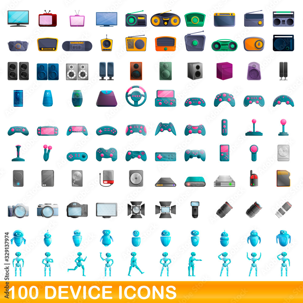 100 device icons set. Cartoon illustration of 100 device icons vector ...