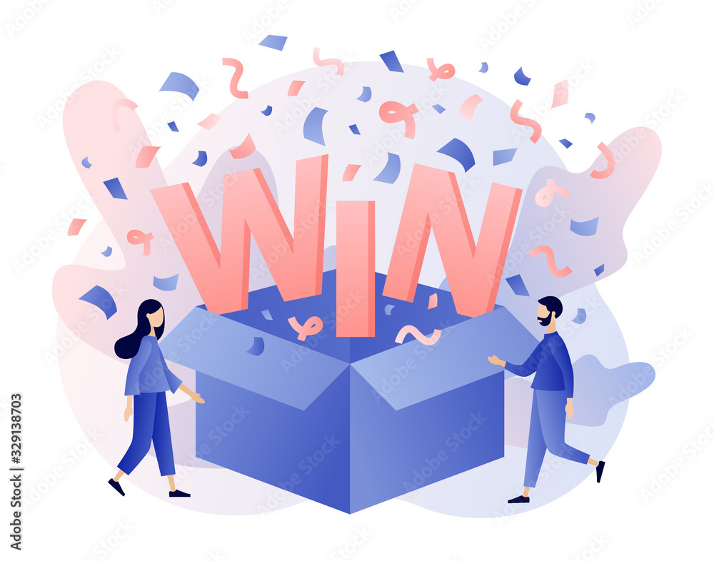 Open box with confetti explosion inside and WIN word. You Win Concept ...