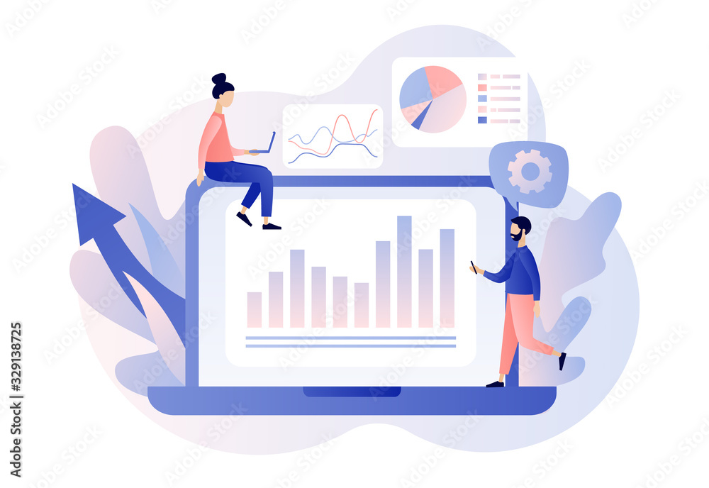 Data analytics consept. Business analysis online. Tiny people are studying the infographic ...