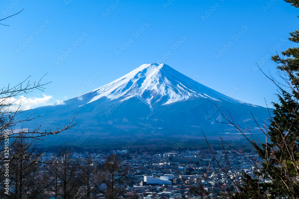 A distant view on Mt Fuji in Japan through the pine trees' branches ...