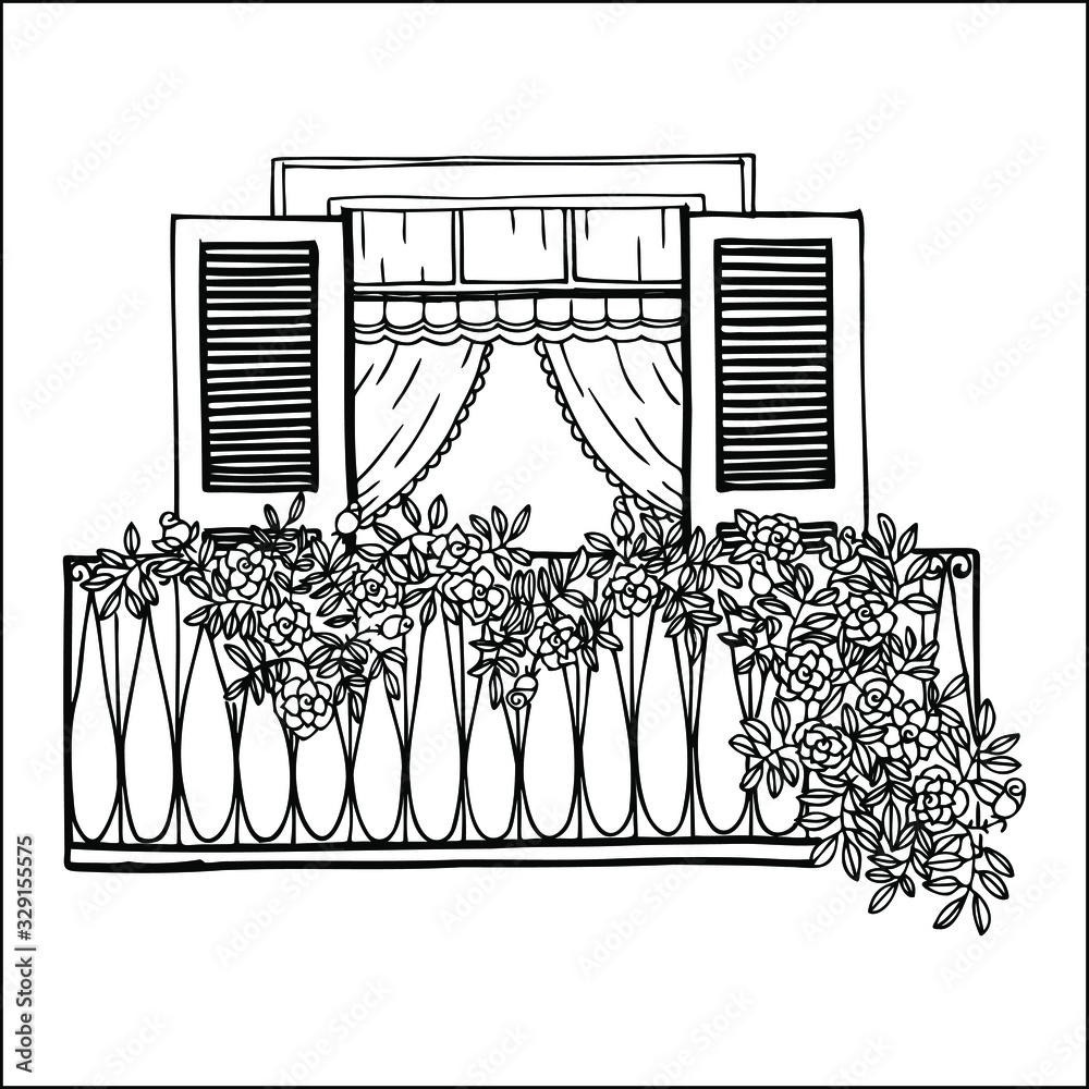 Elements of architecture, open window background. Balcony, window with ...