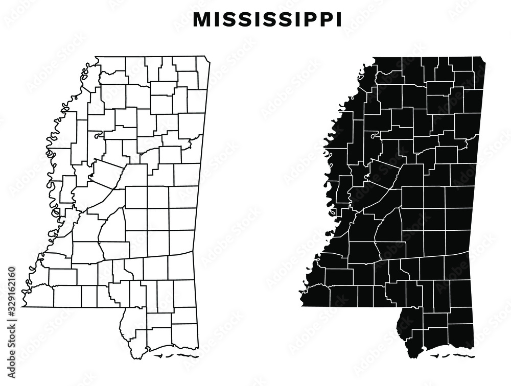 Mississippi Counties Map - Blank Map of Mississippi US State Black ...
