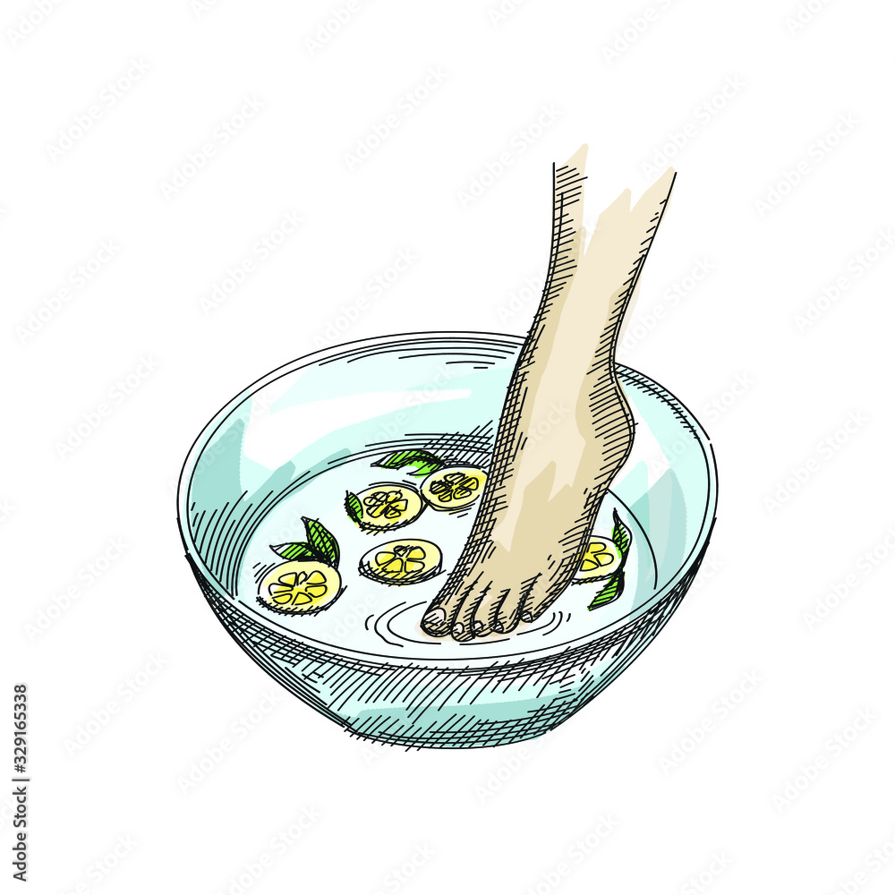 Colorful Hand-drawn sketch of foot soaking in a small bowl with lemons ...