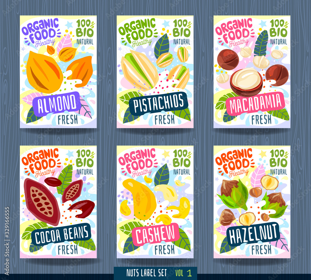 Abstract splash Food label template. Nuts, herbs, fruits, spices ...