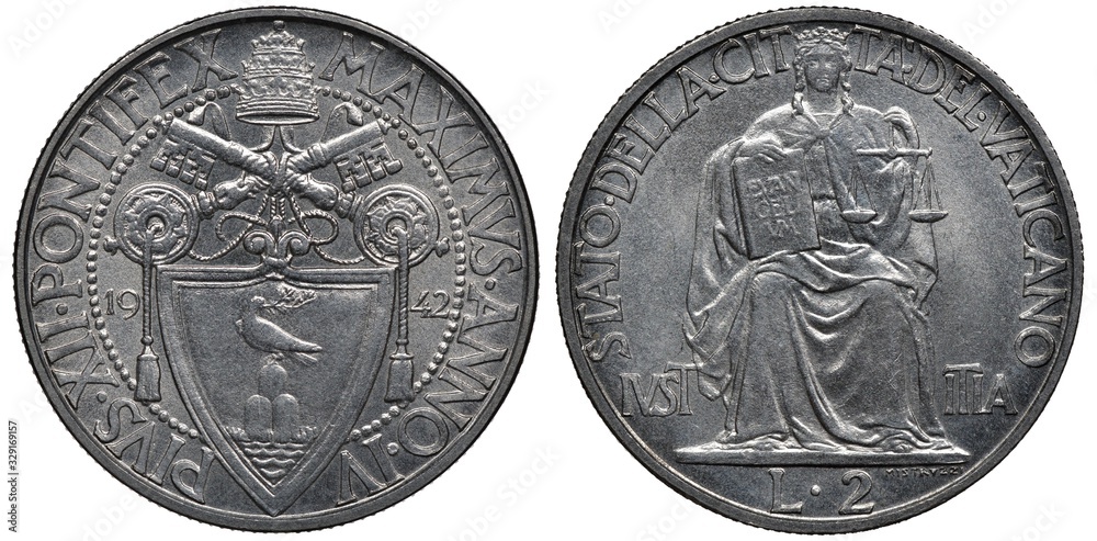 Vatican City coin 2 two lire 1942, ruler Pope Pius XII, crossed keys ...