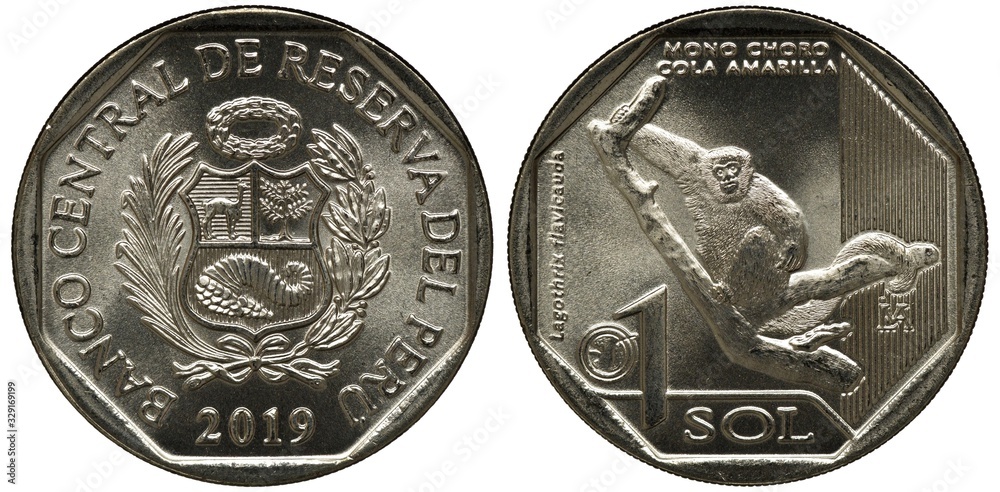 Peru Peruvian coin 1 one sol 2019, subject Wildlife, arms, shield with ...