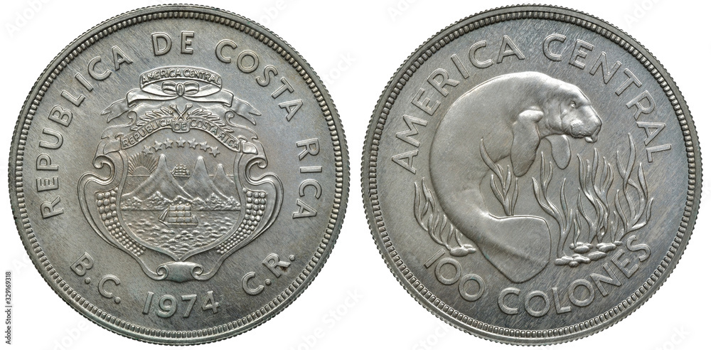 Costa-Rica Costa-Rican coin 100 colones 1974, shield with sailing ship ...
