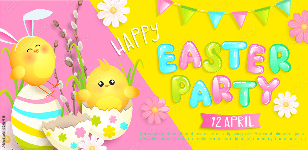 Happy easter party invitation banner with beautiful camomiles, painted ...