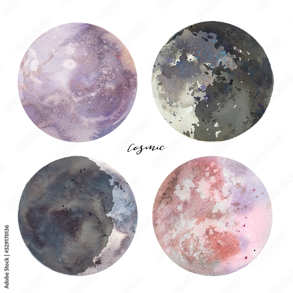 Watercolor cosmic set. Hand drawn moon collection. Various graphic ...