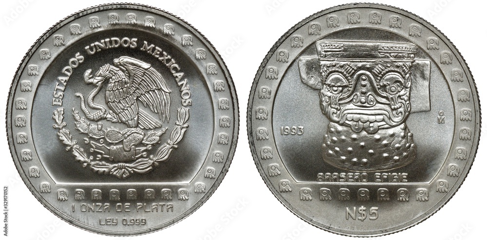 Mexico Mexican coin 5 five pesos 1993, Subject Pre-Columbian – Azteca ...
