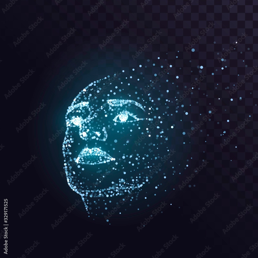 Faces of glowing blue particles, human soul on a transparent background ...