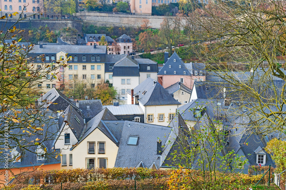 Luxembourg city details. Top view in downtown Luxembourg and details of ...